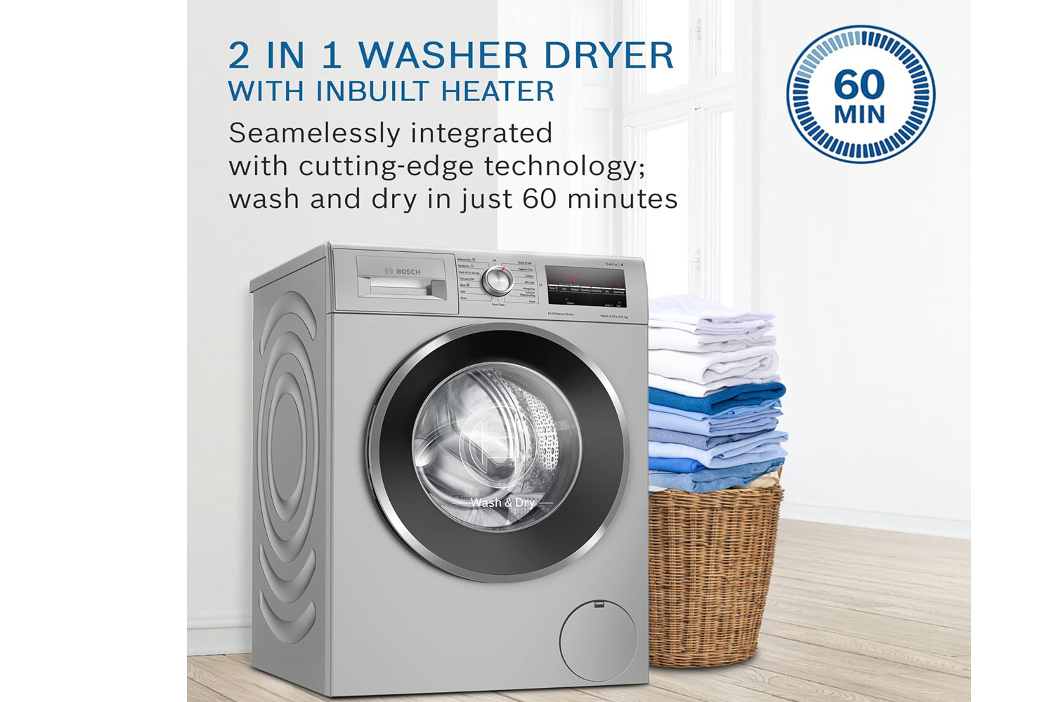 Bosch 9 KG /6 KG Inverter Front Load Washer Dryer (WNA14408IN, Silver ...